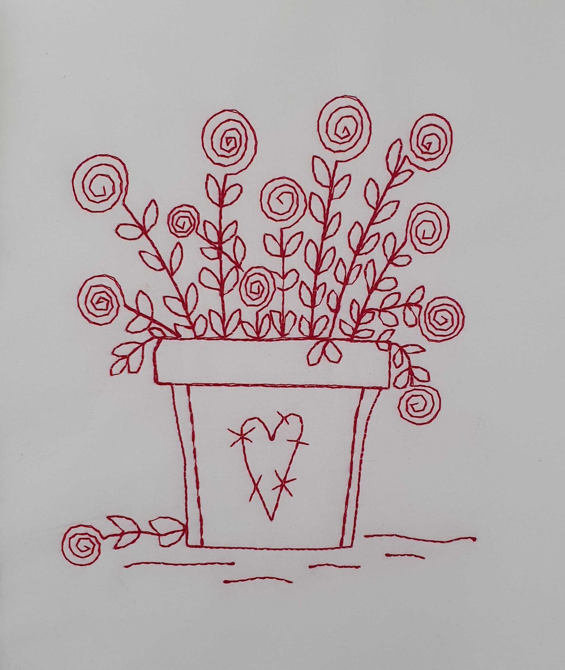 Redwork Flower Pot - Machine Embroidery Design - Bellarine Sewing Centre